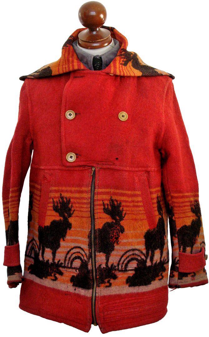 1930s half-zip, half button moose pattern camp blanket coat | Vintage ...