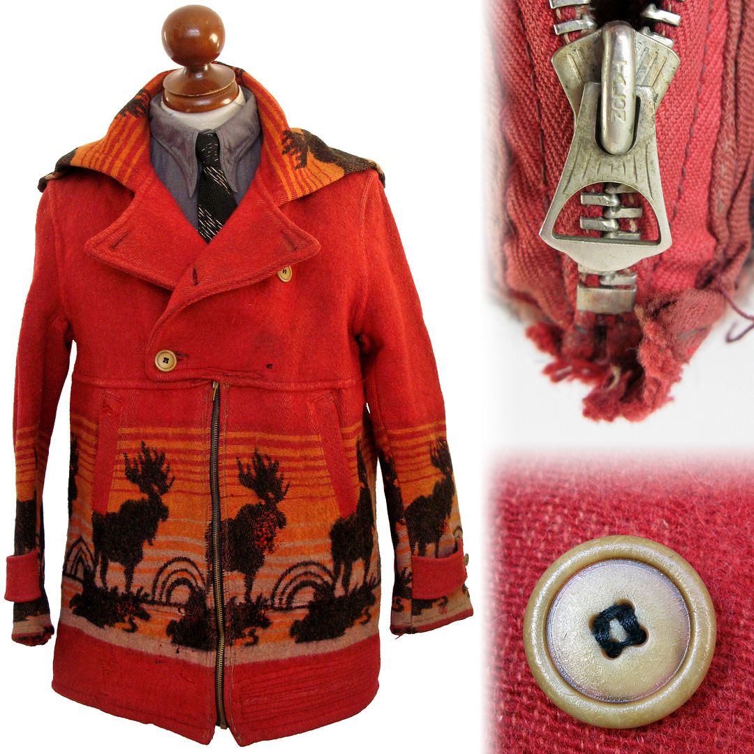 1930s half-zip, half button moose pattern camp blanket coat | Vintage ...